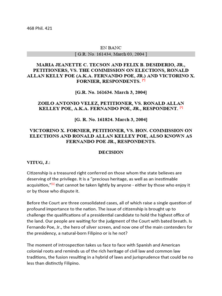 Tecson Vs Comelec | PDF | Citizenship | Naturalization
