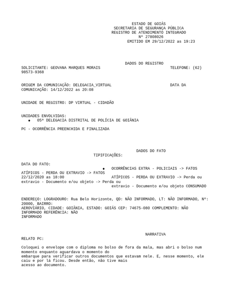 Modelo de Boletim de Ocorrencia | PDF