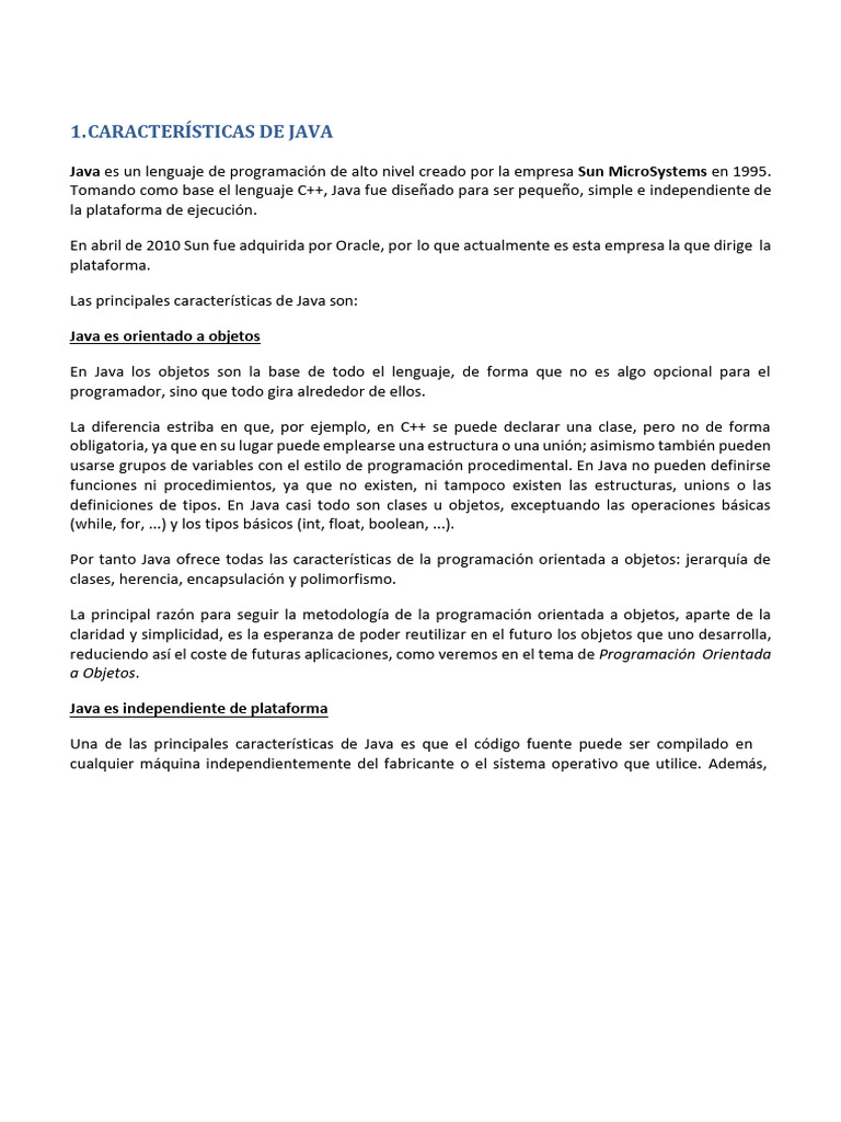Características de Java | PDF | Java (lenguaje de programación) | Puntero (Programación de ...