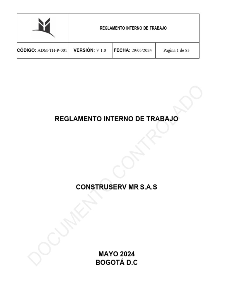 ADM-TH-P-003 Reglamento Interno de Trabajo V 1. Mayo 2024 | PDF | Derecho laboral | Tiempo de ...
