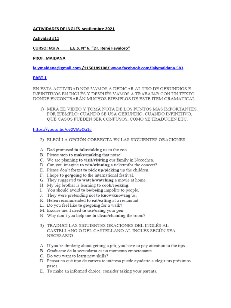 6to A Inglés Actividad #11 | PDF