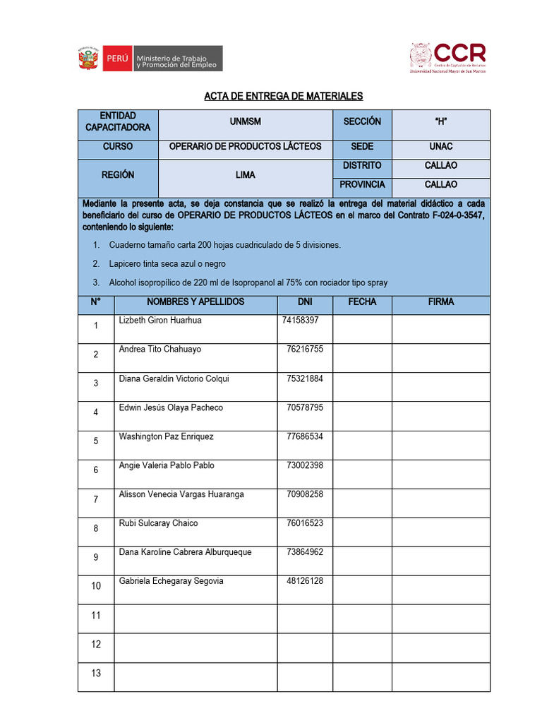 Acta de Materiales MATERIALES PARA SECCION H | PDF