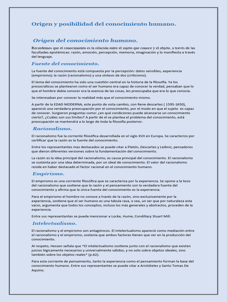 Origen y Posibilidad Del Conocimiento Humano. | PDF | Conocimiento ...