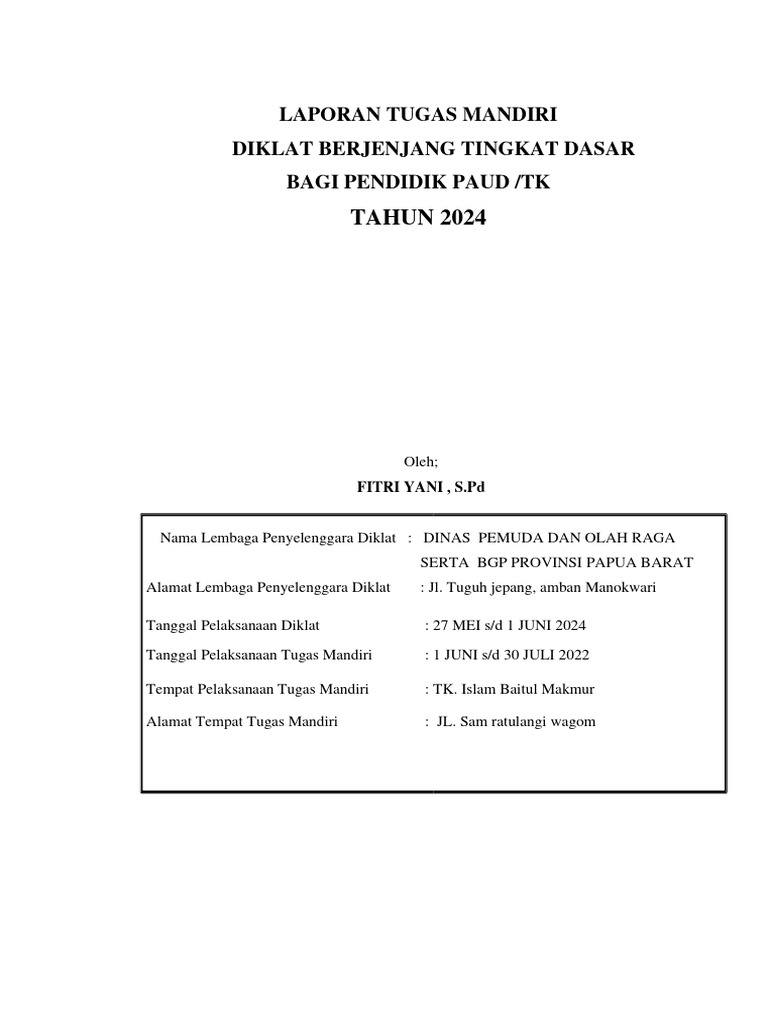 Laporan Diklat Berjenjang Dasar Tingkat Paud Tahun 2024 | PDF