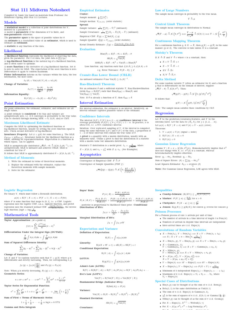Statistical Inference Cheat Sheet | PDF | Estimator | Bias Of An Estimator