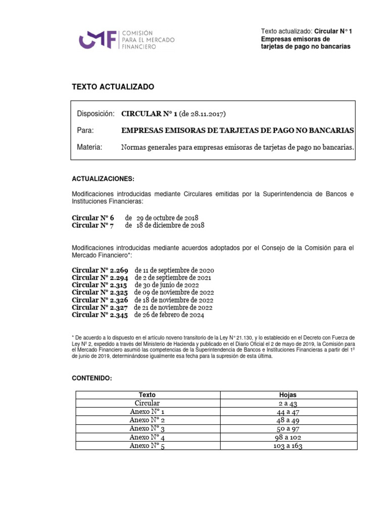 Circular N°1, Emisoras de Tarjeta de Pago No Bancarias (CMF) | PDF ...