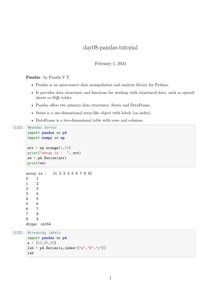 Day08-Pandas-Tutorial: Pandas - by Punith V T | PDF | Computer Programming | Information Retrieval