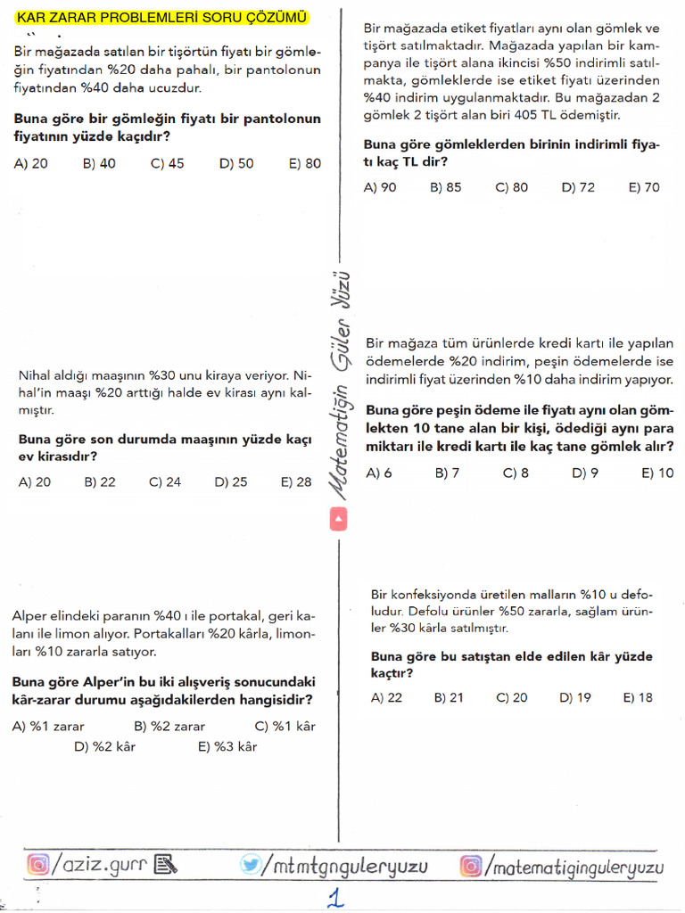 Kâr - Zarar Problemleri Soru 2024 | PDF