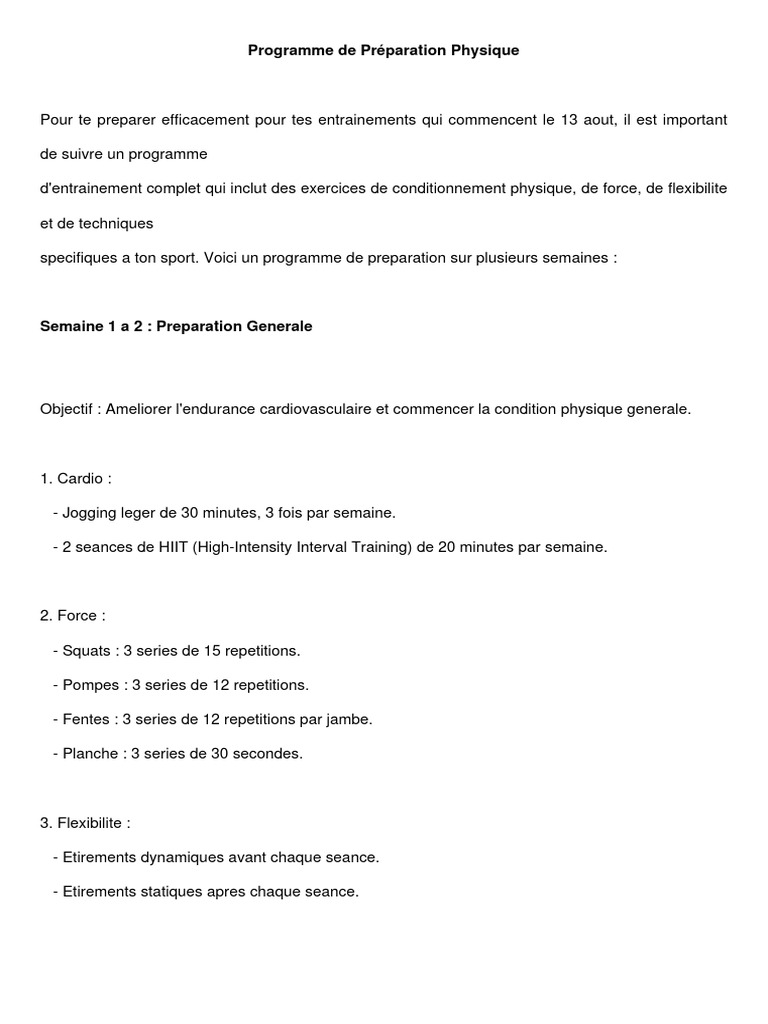 Programme de Préparation Physique Générale | PDF | Exercice physique ...