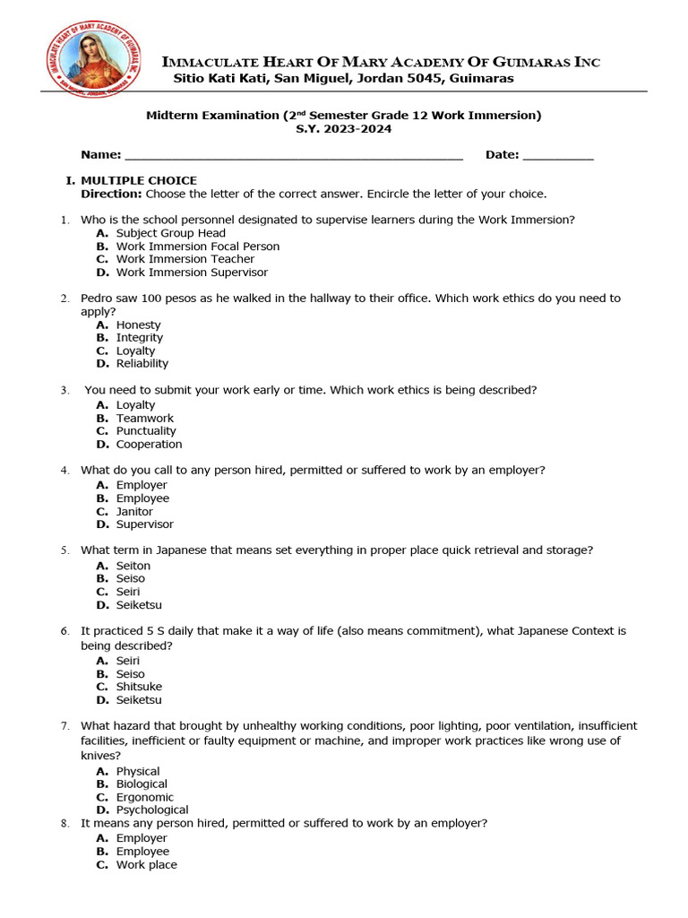 Grade 12- midterm-2nd sem-work Immersion | PDF