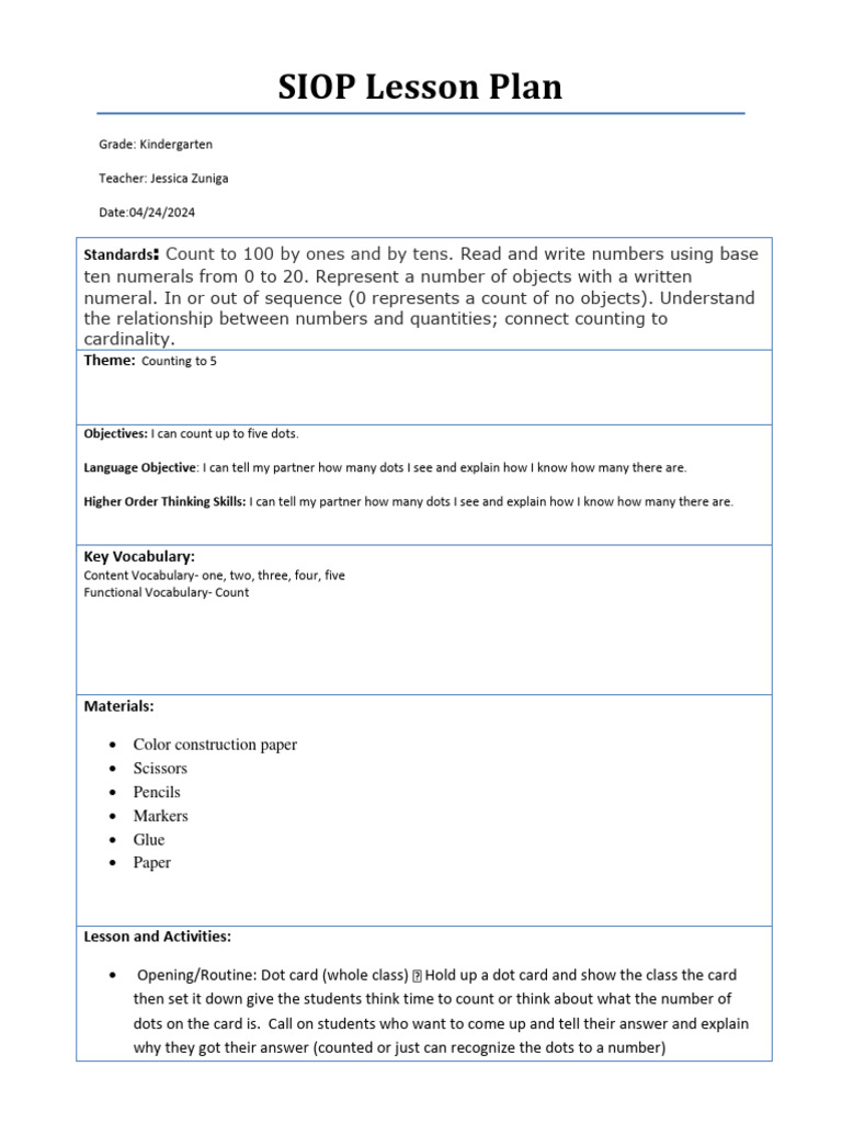 Siop Lesson Plan Sample | PDF | Education Theory | Cognitive Science