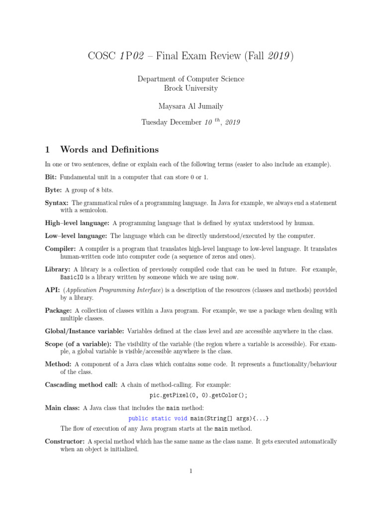 COSC 1 P02 - Final Exam Review (Fall 2019) : 1 Words and Definitions | PDF | Method (Computer ...
