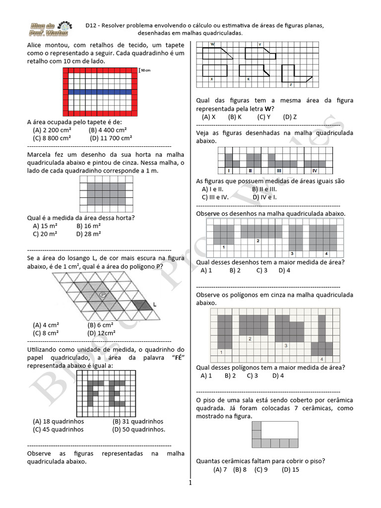 área em malha quadriculada D12 (5º ANO - Mat.) | PDF