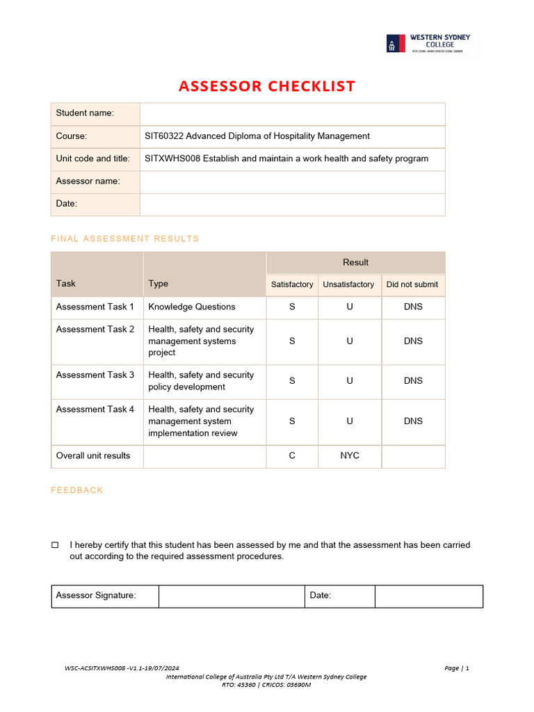 WHS Program Assessment Checklist | PDF | Safety | Risk