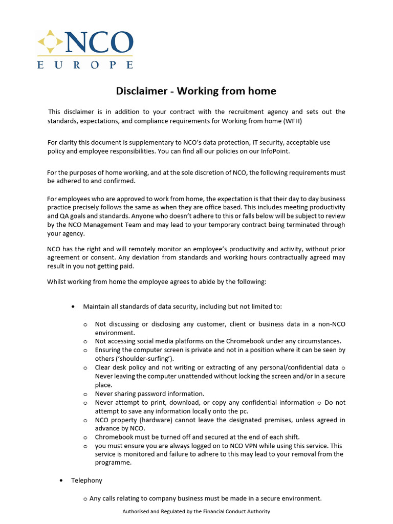 NCO - F004 - Working From Home Disclaimer - V1 2 | PDF | Employment | Computer Security