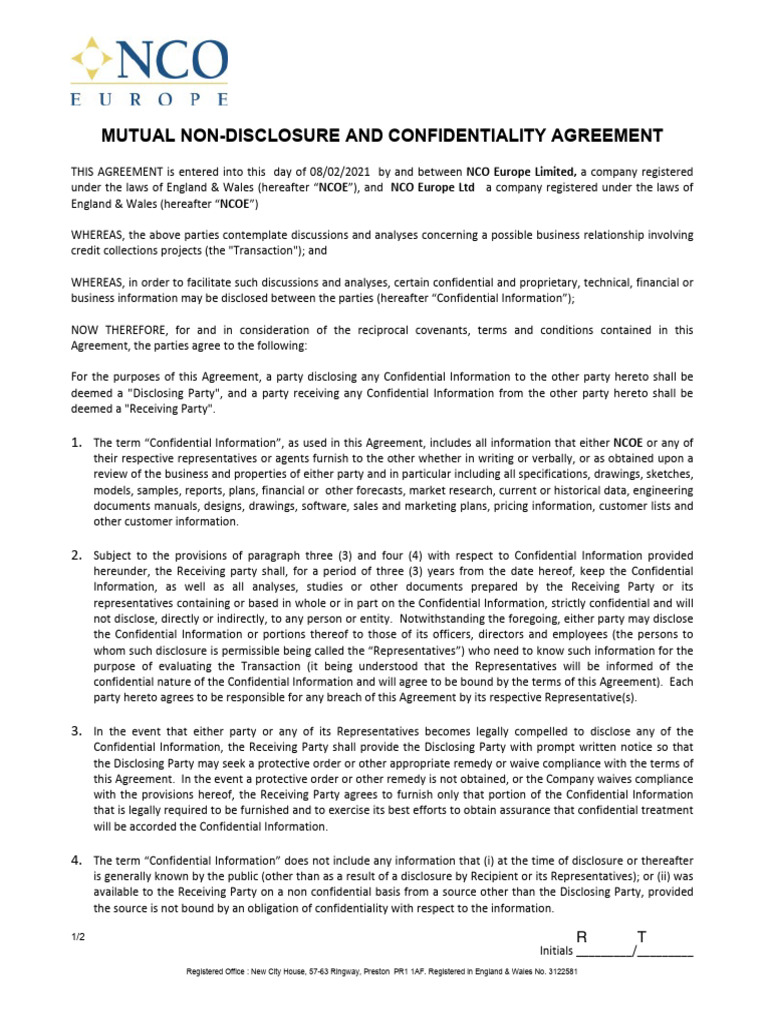 Nco f001 TP Nda Form v1 | PDF | Non Disclosure Agreement | Civil Law ...
