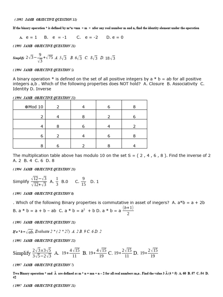 JAMB Math Questions: Binary Operations & Simplifications | PDF ...