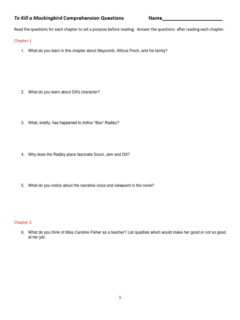 To Kill A Mockingbird Comprehension Questions | PDF | To Kill A Mockingbird