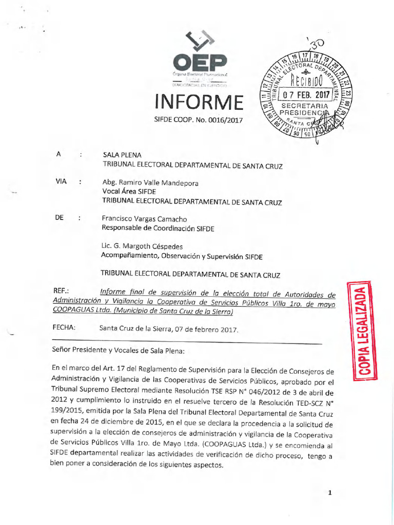 Informe Final SIFDE Elecciones 2017 Coopaguas | PDF