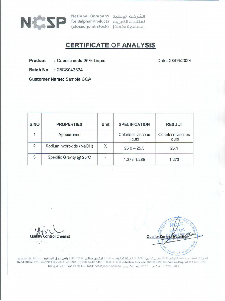 25% Caustic - Sample COA-28.03.2023 | PDF