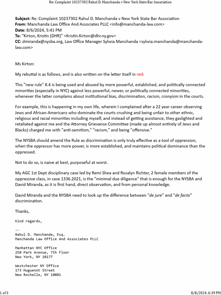Rahul D. Manchanda v. New York State Bar Association - NYS Division of ...