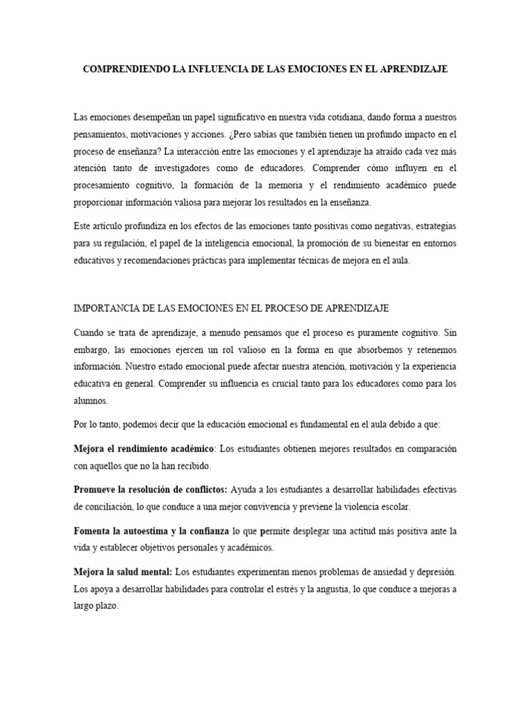 Comprendiendo La Influencia De Las Emociones En El Aprendizaje Pdf