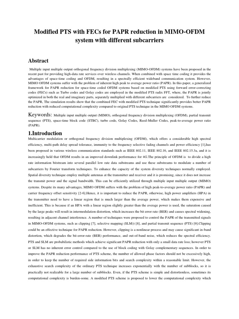 Modified Pts With Fecs For Papr Reduction in Mimo-Ofdm System With Different Subcarriers | PDF ...