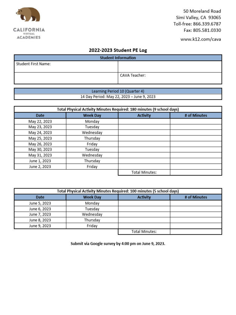 22-23 SY - Student PE Log - LP10 | PDF