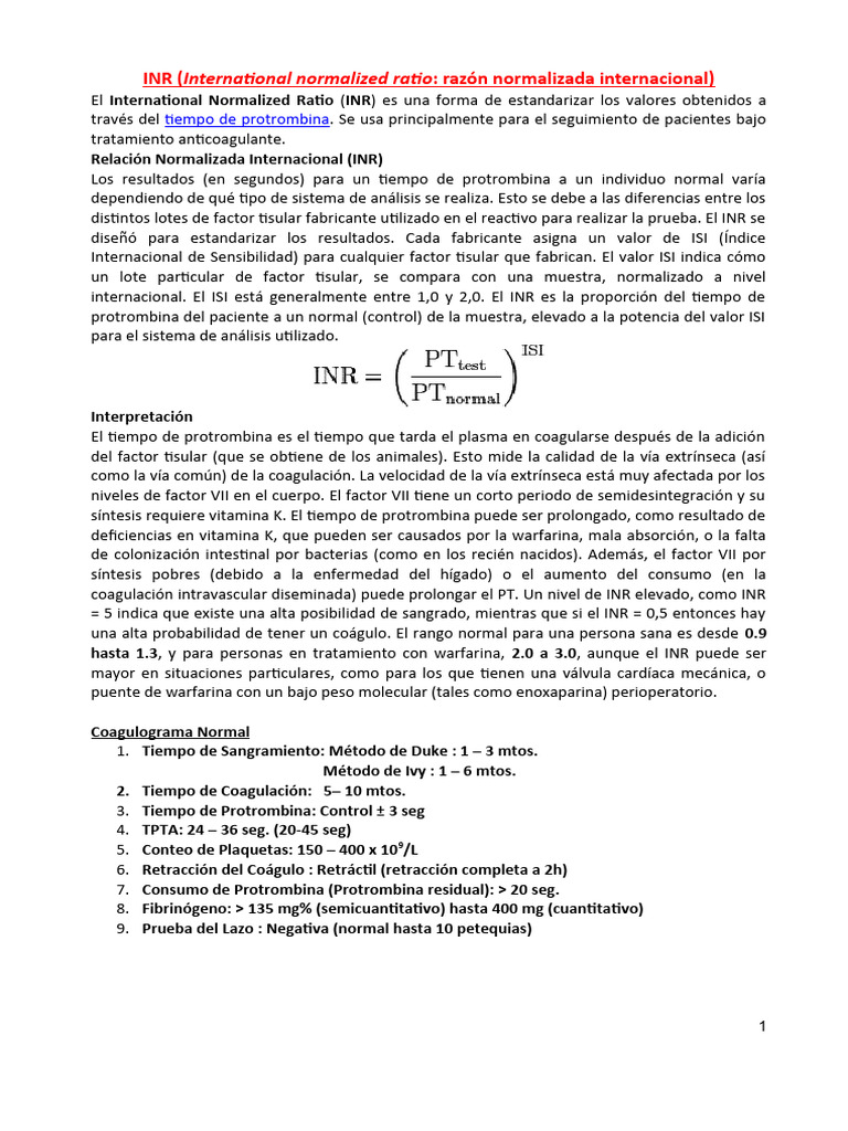 Inr (International Normalized Ratio: Razón Normalizada Internacional ...