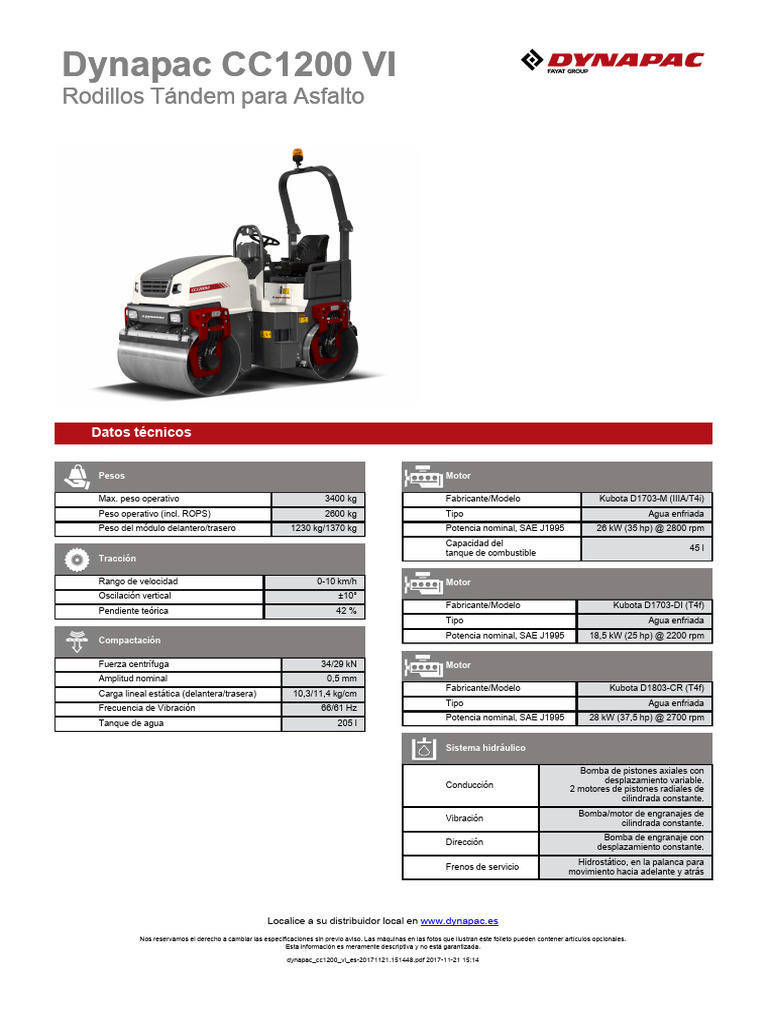 Dynapac CC1200 VI: Especificaciones Técnicas | PDF | Vehículos