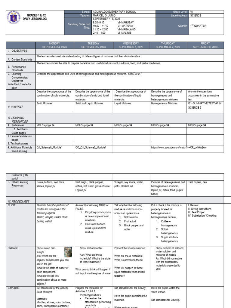 DLL - Science 6 - Q1 - W1 - 2023 | PDF | Mixture | Homogeneity And Heterogeneity