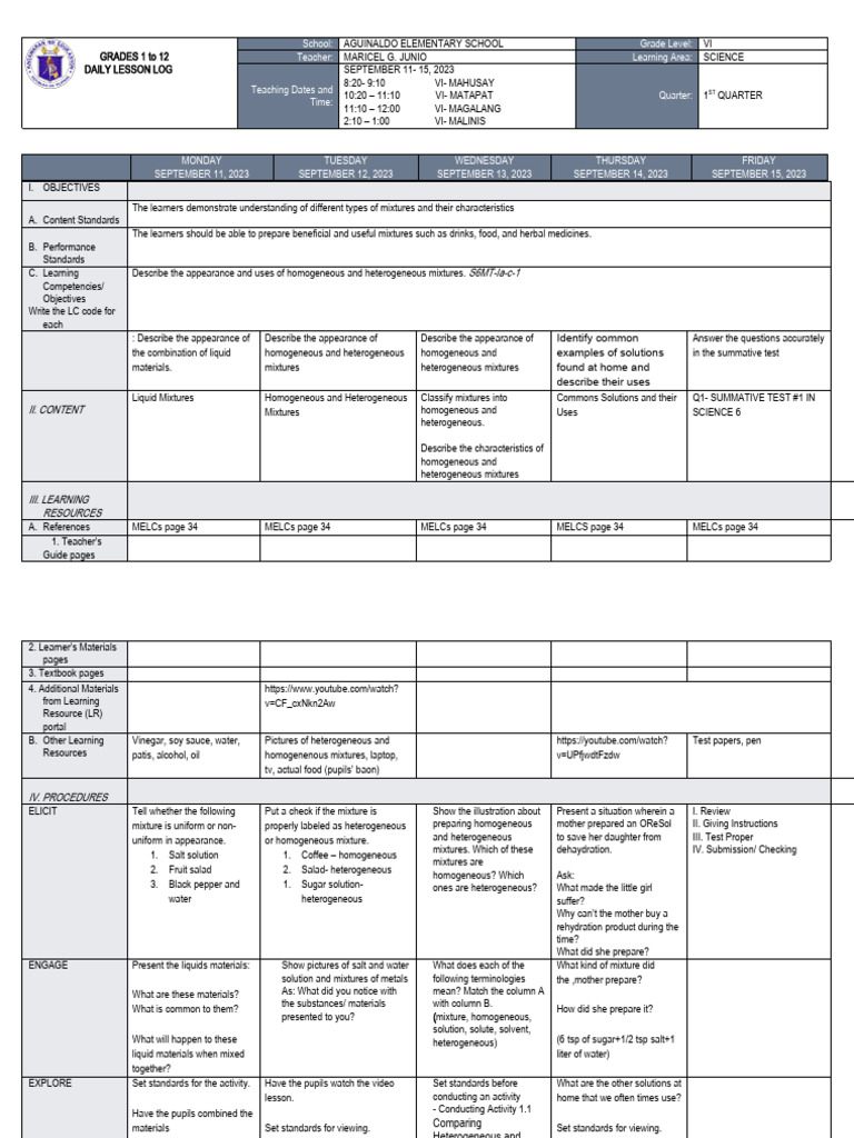 DLL - Science 6 - Q1 - W3 - 2023 | PDF | Mixture | Homogeneity And ...