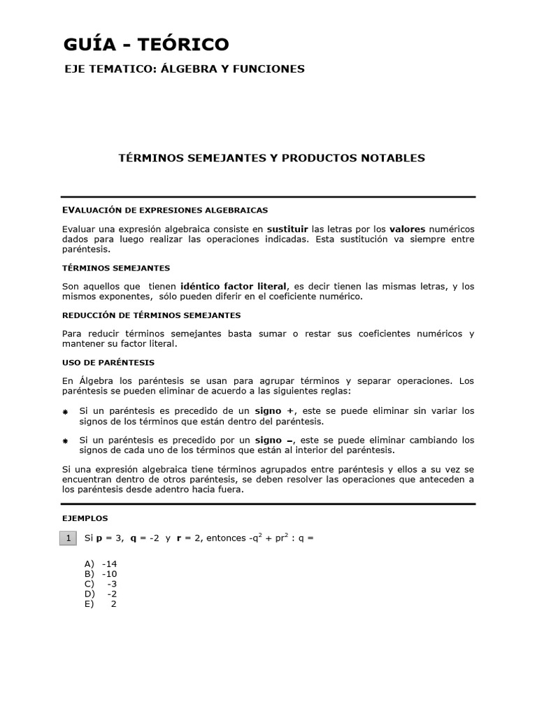 1) (A) Términos Semejantes y Productos Notables (T) | PDF | Matemática ...