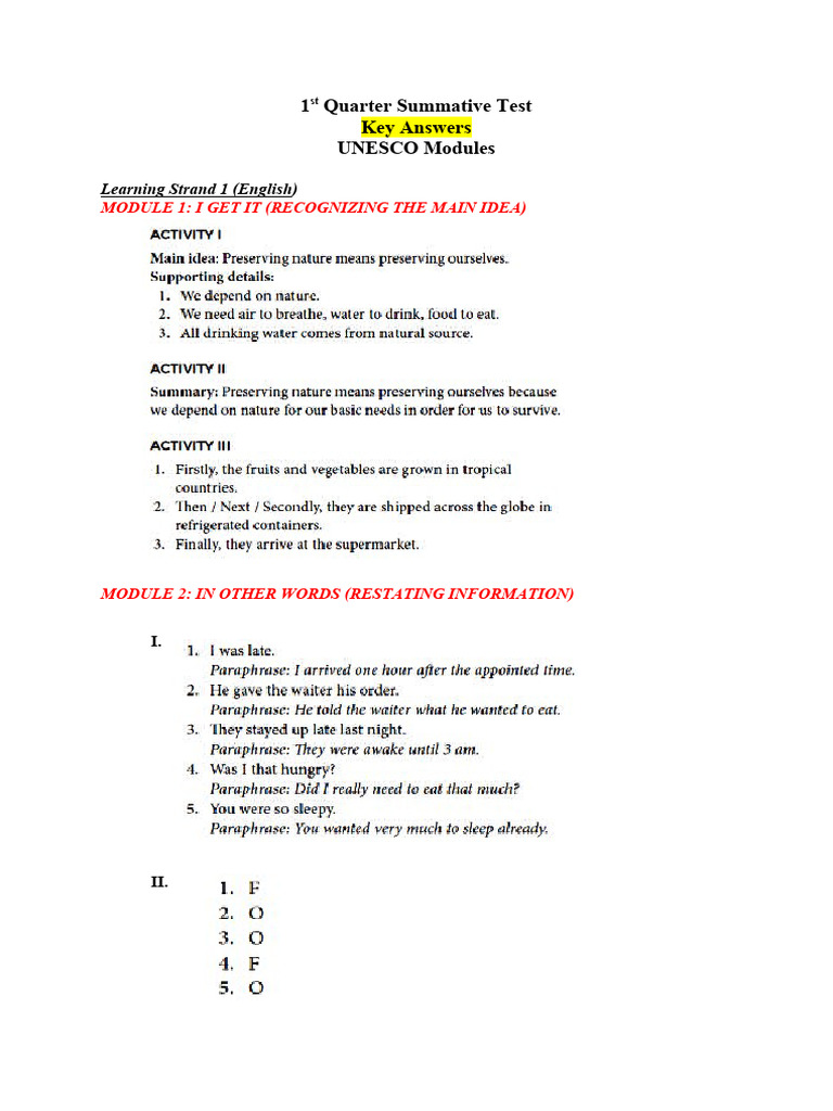 1st Quarter Summative Test-UNESCO MODULES KEY ANSWERS | PDF | Learning ...