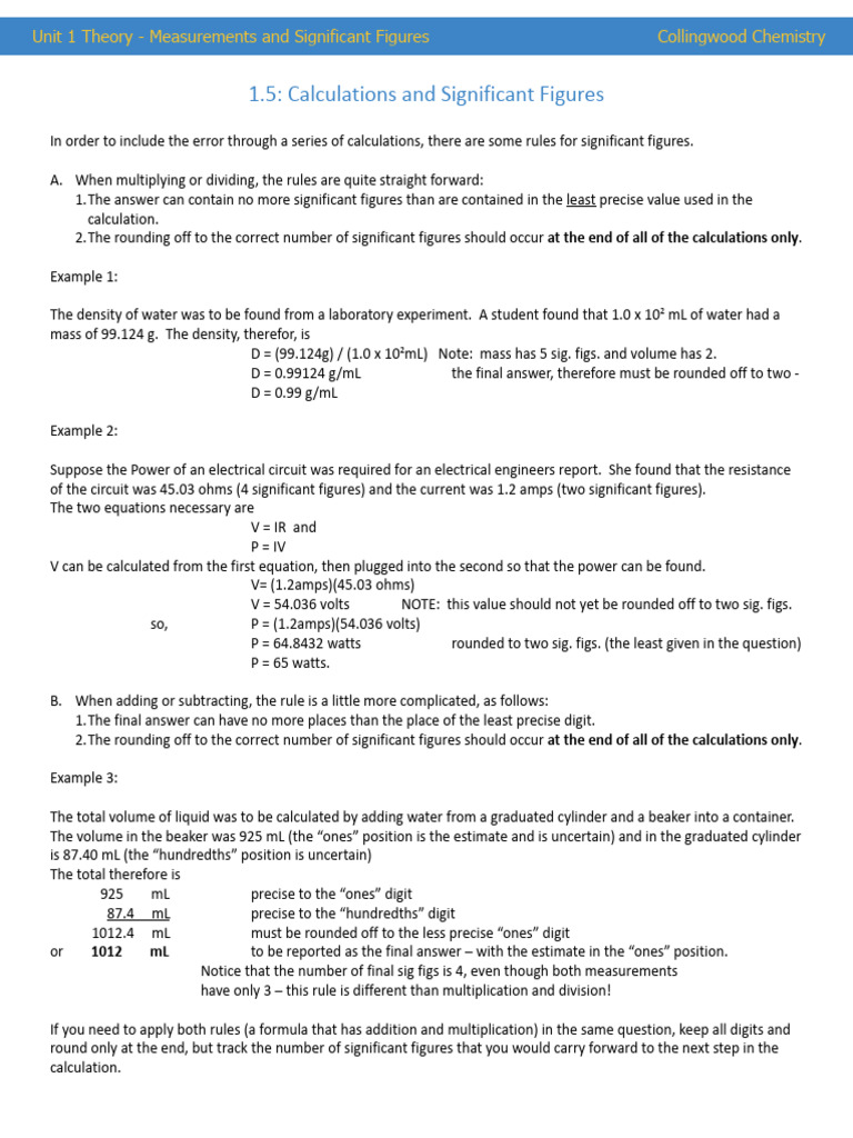 1.5 Theory - Calculations With SigFigs | PDF | Significant Figures ...