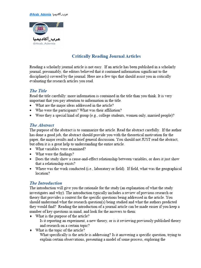 Critically Reading Journal Articles | PDF | Hypothesis | Theory