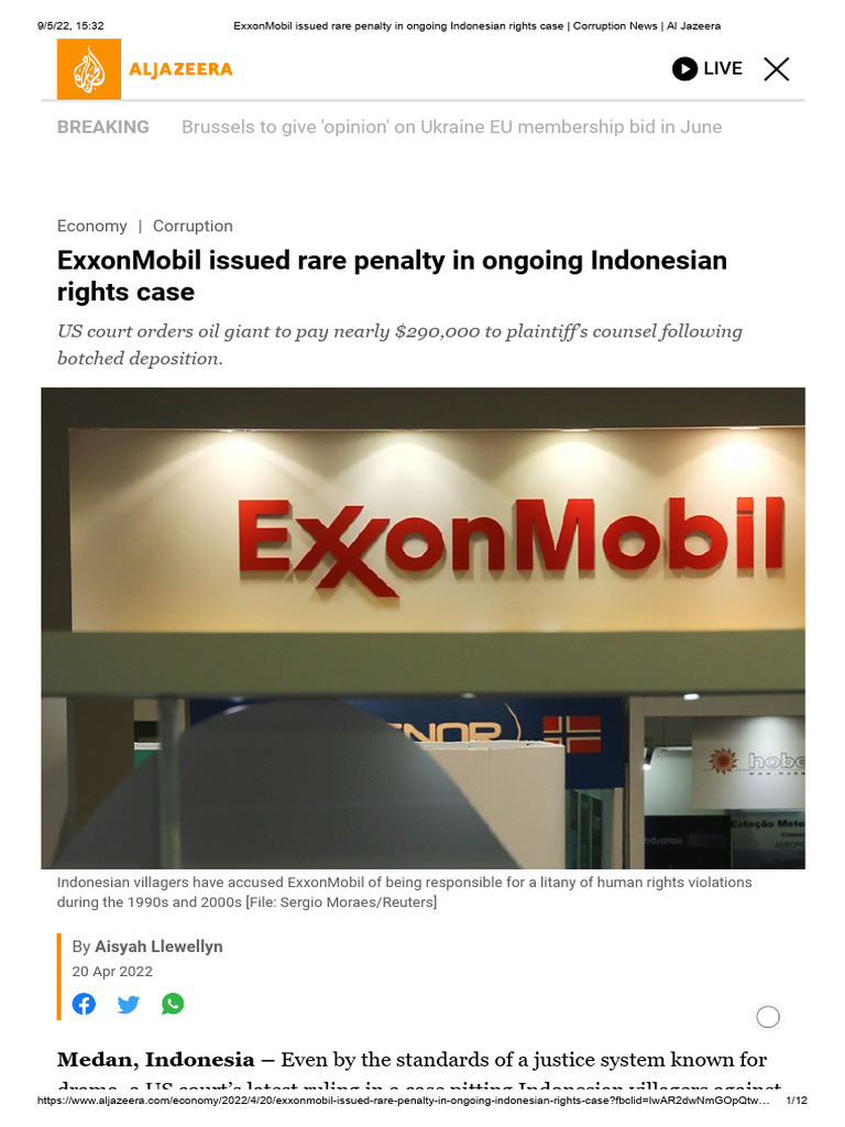 ExxonMobil Issued Rare Penalty in Ongoing Indonesian Rights Case - Corruption News - Al Jazeera ...