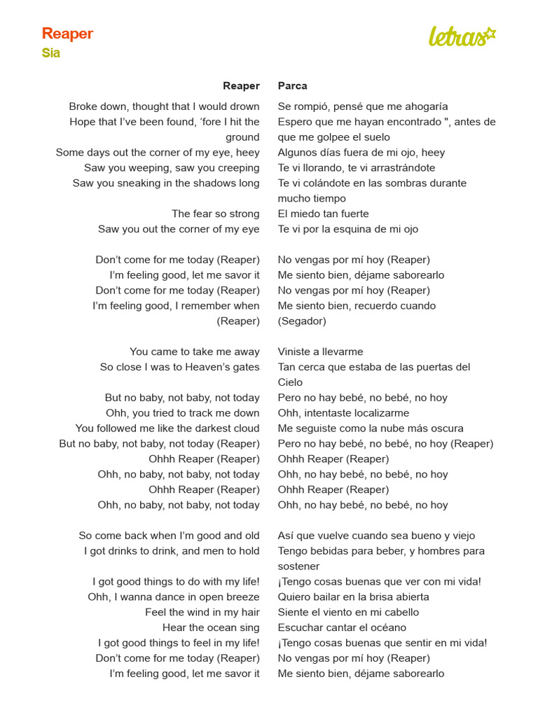 REAPER (TRADUCCIÓN) - Sia (Impresión) | PDF | Música grabada | Grabación de sonido