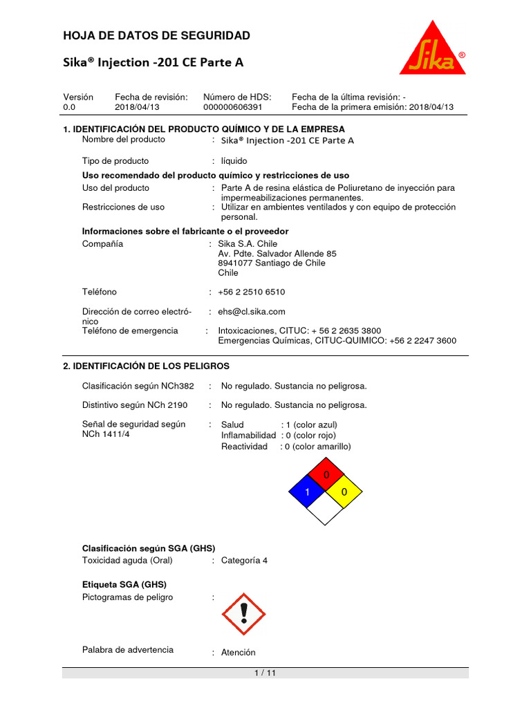 HS - Sika Injection 201 CE Parte A | PDF | Toxicidad | Química