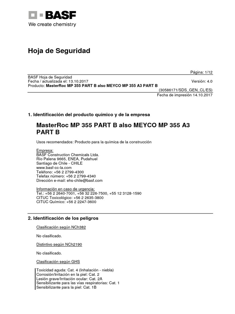 MSDS MasterRoc MP 355 PTB | PDF | Toxicidad