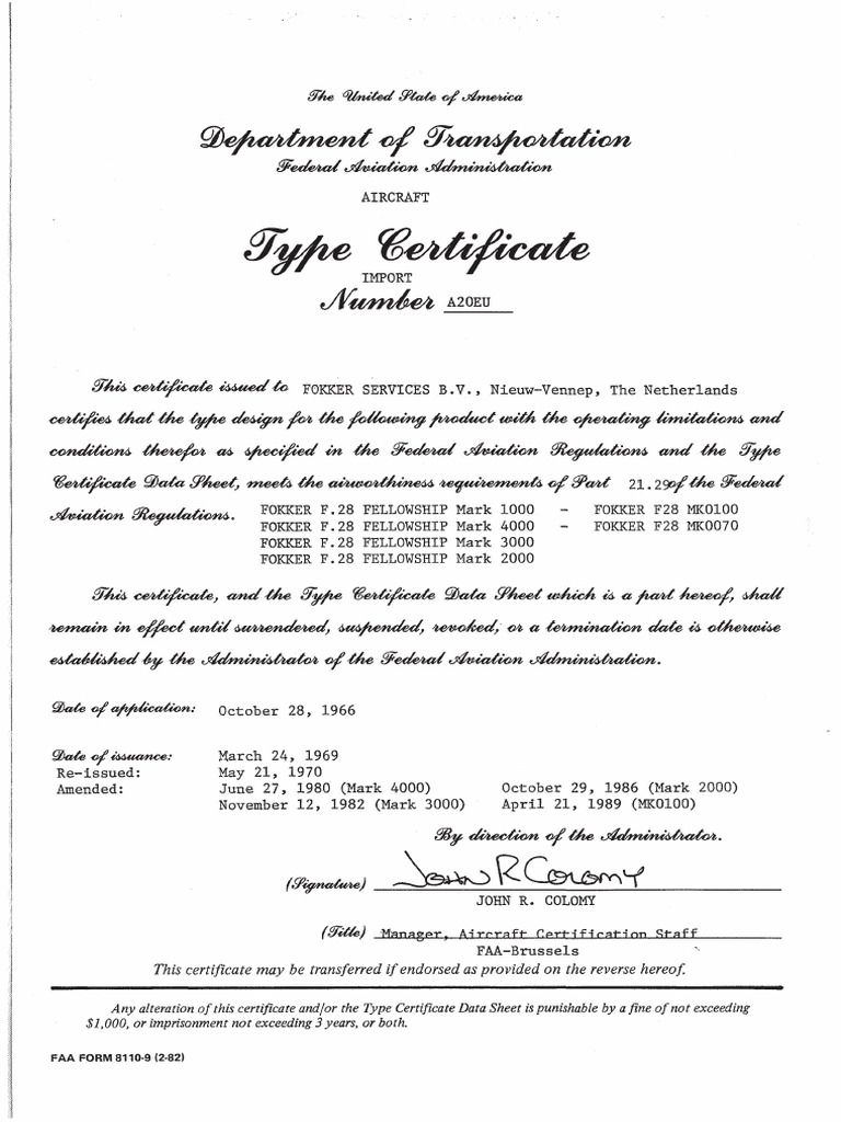 Faa Fokker f28 Type Certificate | PDF