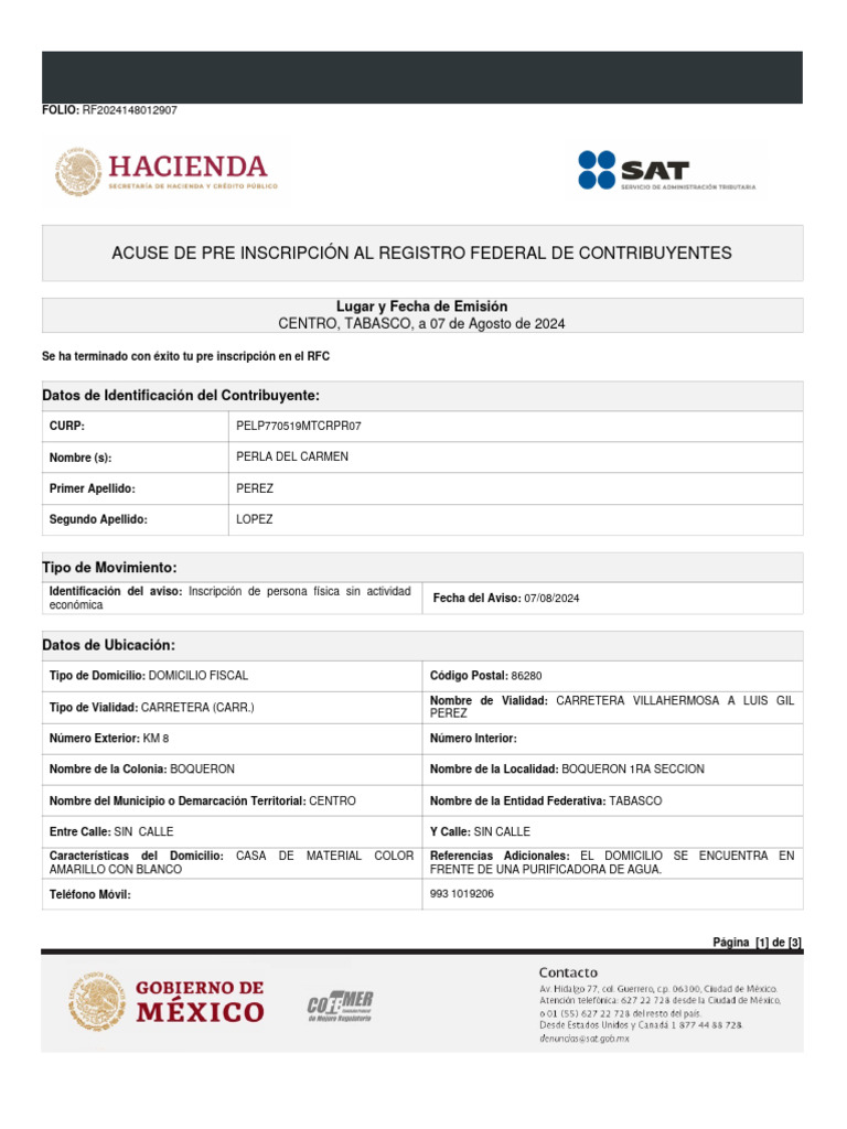 Acuse de Preinscripcion Al RFC Perla Lopez | PDF | Ciencias sociales