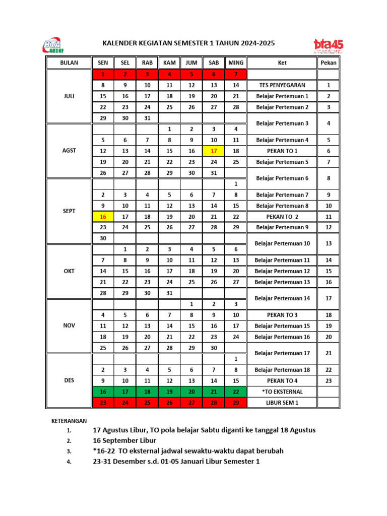Kalender Akademik BTA 45 T.A 2024-2025 | PDF
