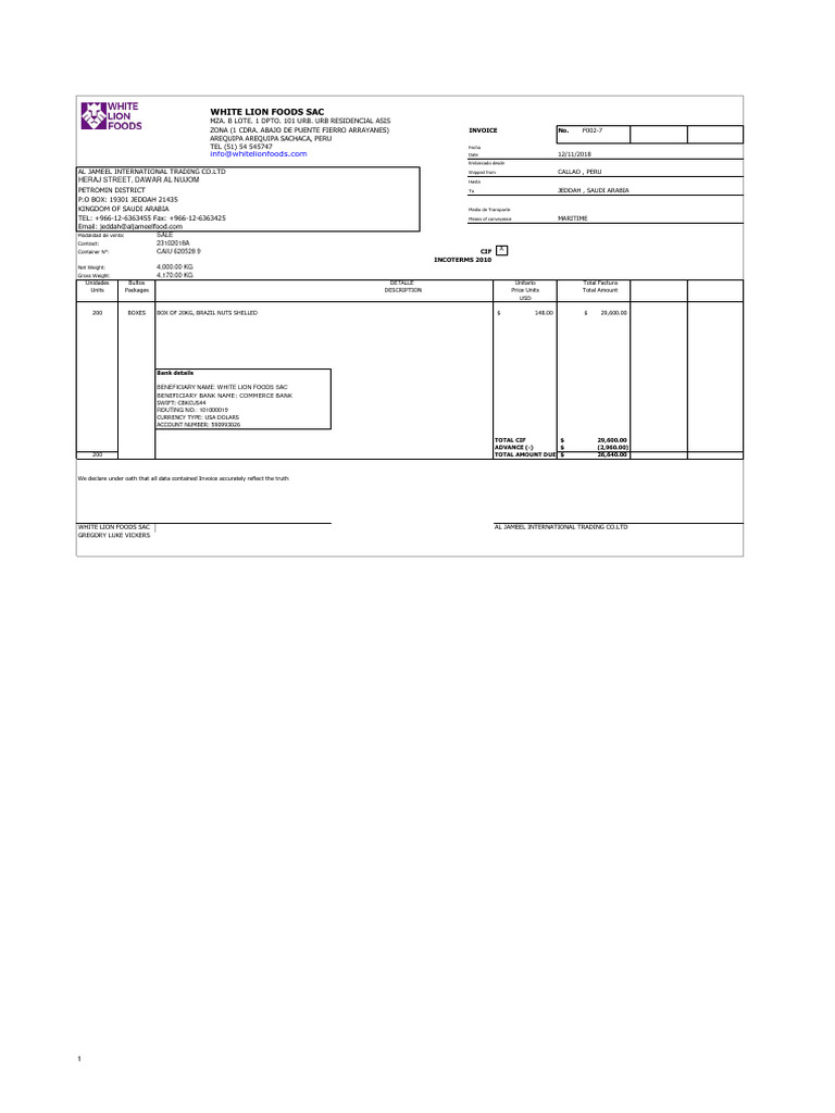 Invoice for White Lion Foods SAC | PDF | International Business | Economies