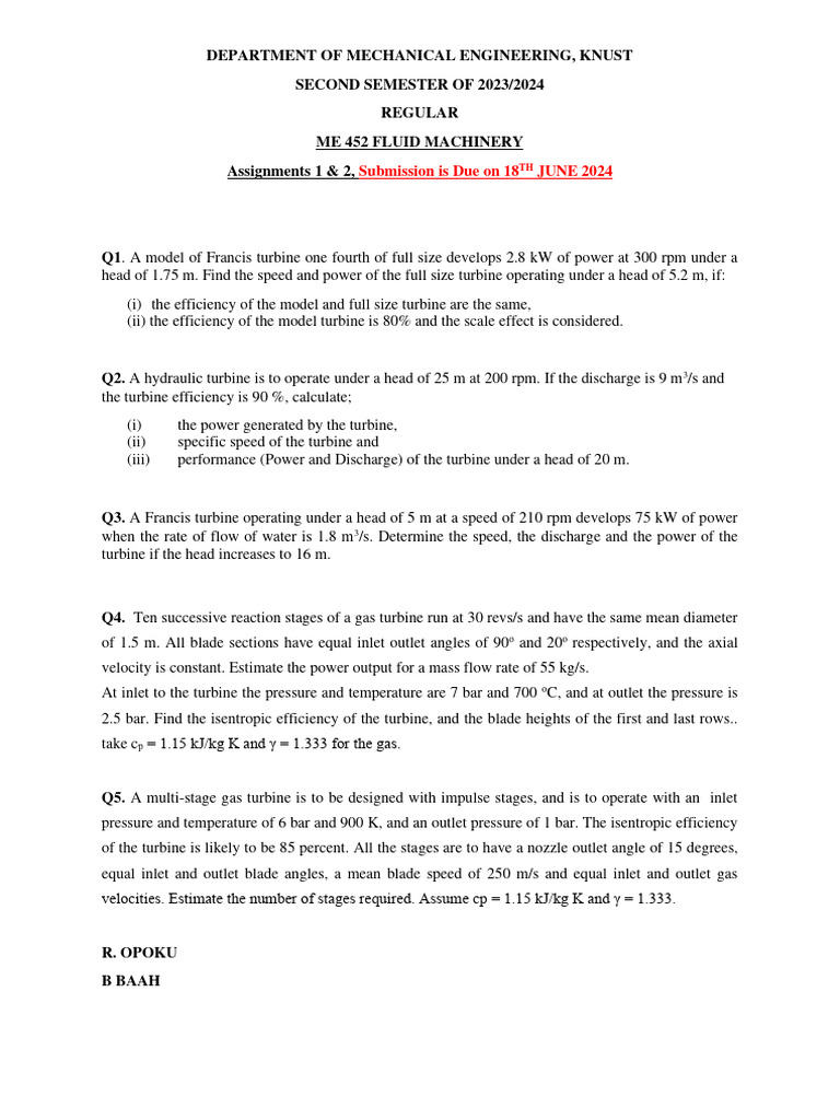 ME 452 Fluid Machinery Assignments | PDF | Turbine | Pump