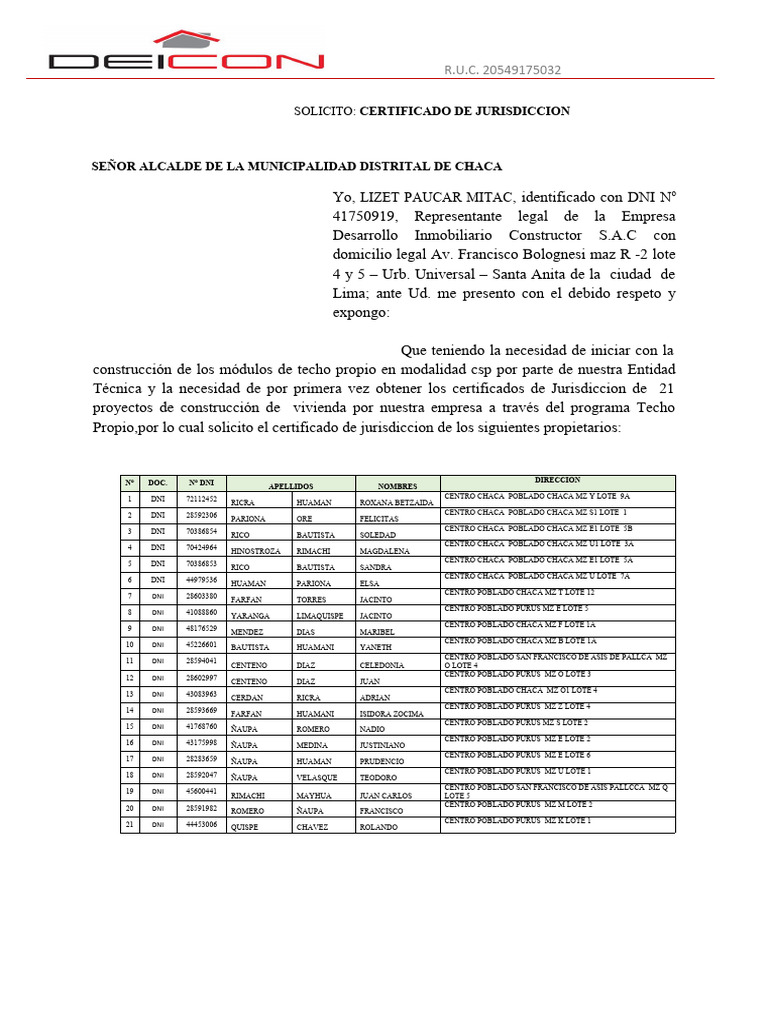 Solicitud Chaca | PDF