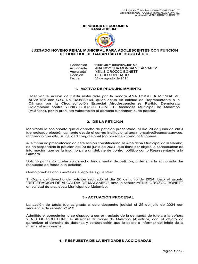 Tutela de Ana Monsalve contra Alcaldesa de Malambo | PDF | Caso de ley ...