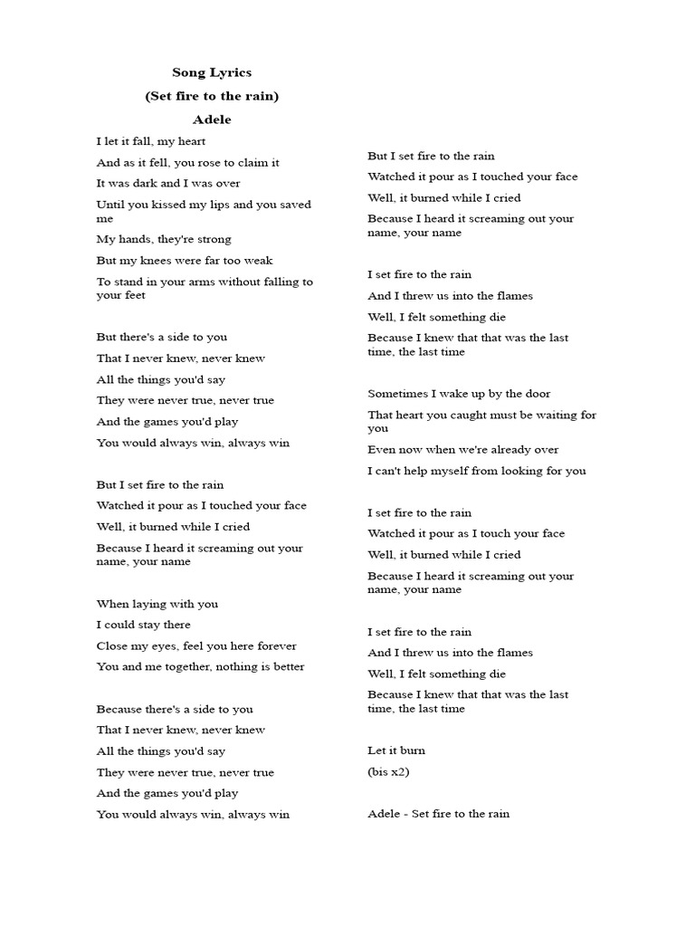 Adele - Set Fire to the Rain Lyrics | PDF