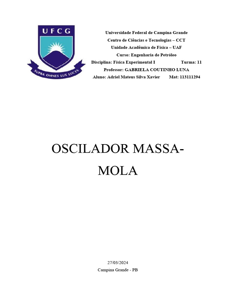 Oscilador Massa-Mola - ADRIEL | PDF | Massa | Física