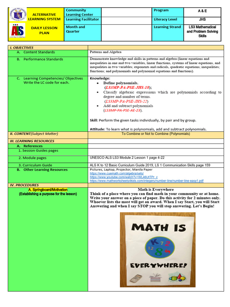 Daily Lesson Plan: Polynomials in JHS | PDF | Polynomial | Equations